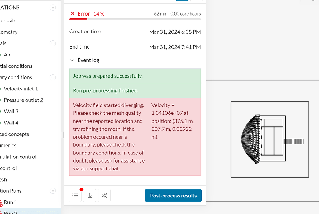 Velocity field started diverging. Please check the mesh quality - Project Support - SimScale CAE ...