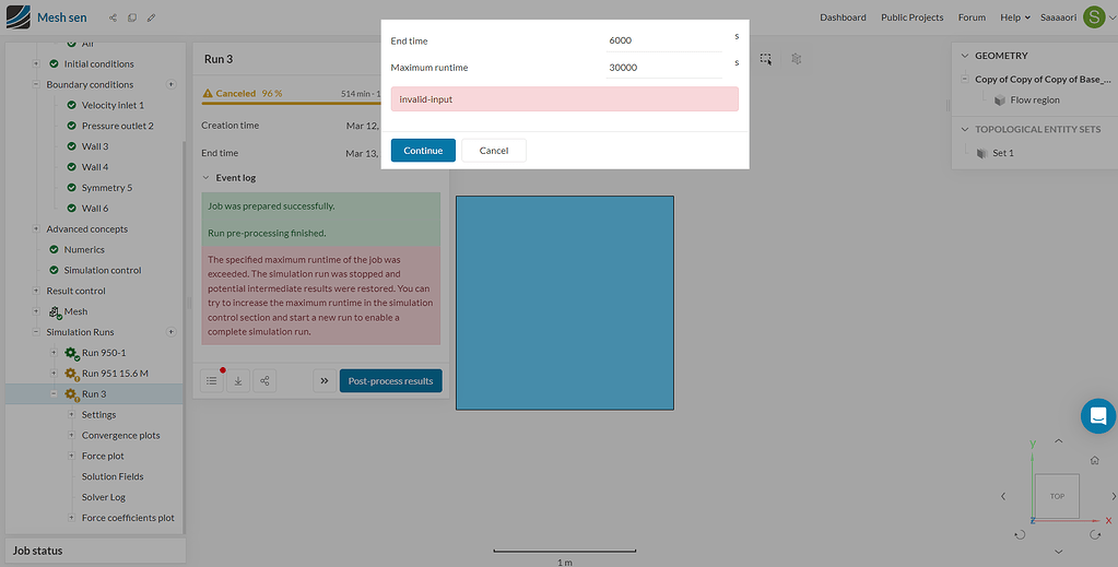 Continuing simulation run invalid-input - Using SimScale - SimScale CAE Forum