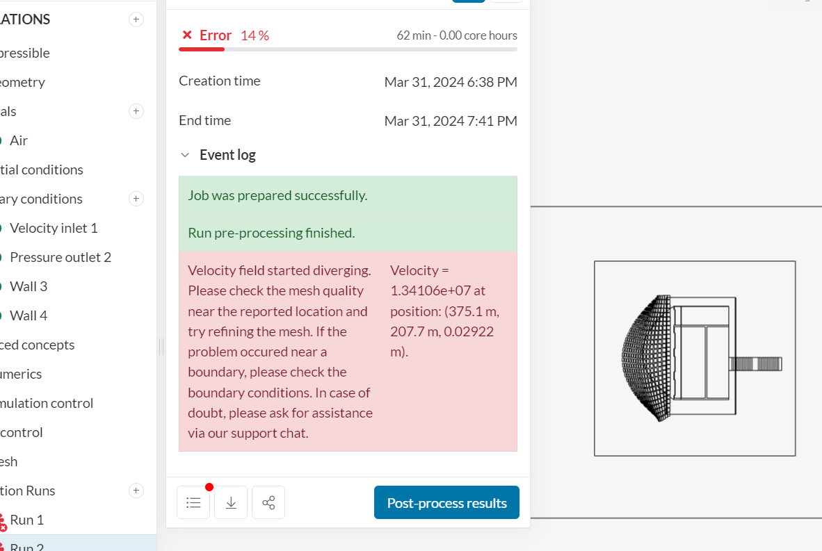 Velocity field started diverging. Please check the mesh quality - Project Support - SimScale CAE ...