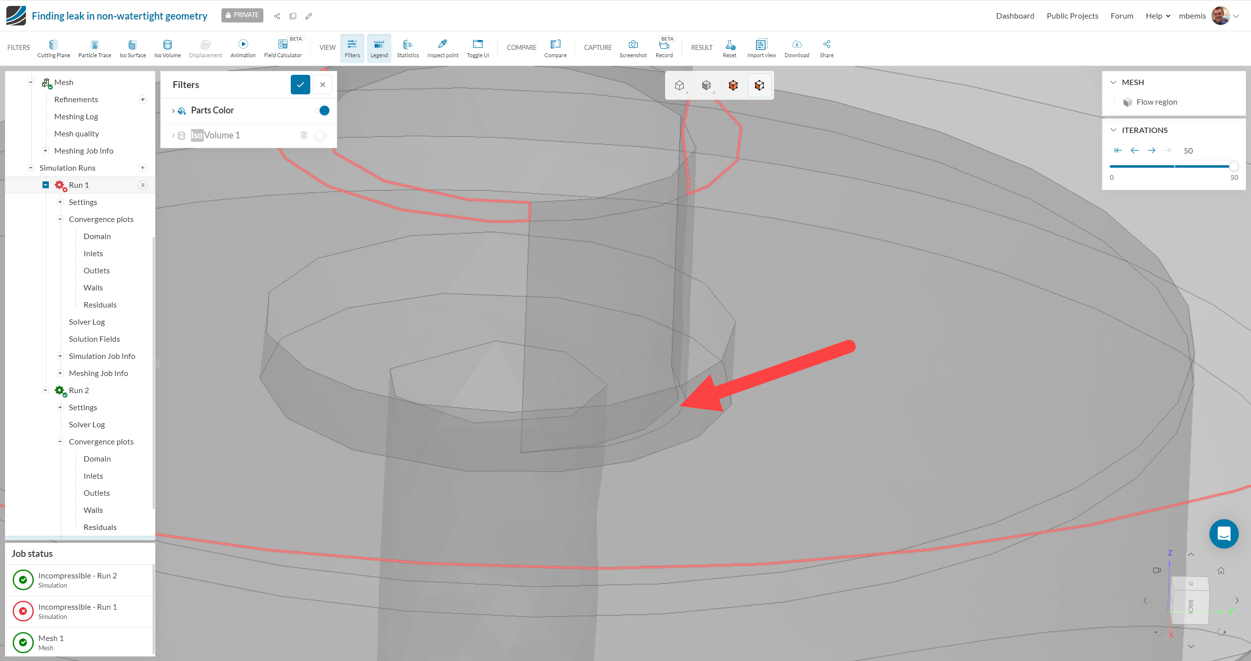 Finding a leak in non-watertight geometry (flow volume extraction fails, infinite flow region ...