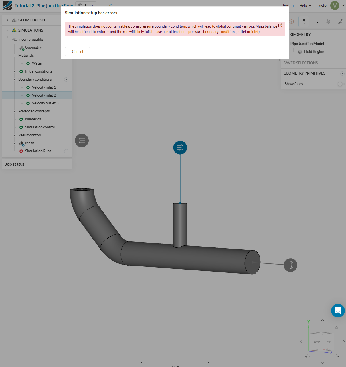 The simulation does not contain at least one pressure boundary condition, which will lead to ...